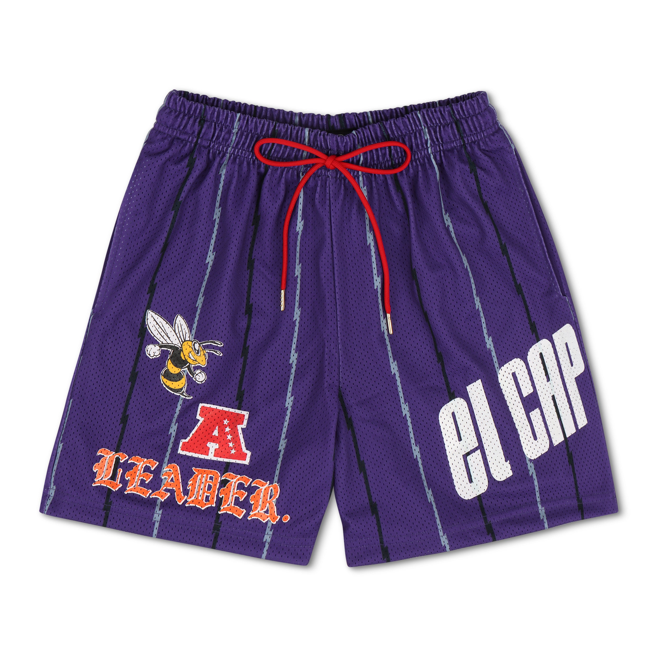 🐝 🅰️ 𝐋𝐄𝐀𝐃𝐄𝐑. [GRAPHIC SHORTS] - PURPLE/BLACK/SILVER PINSTRIPE – EL CAPITÁN