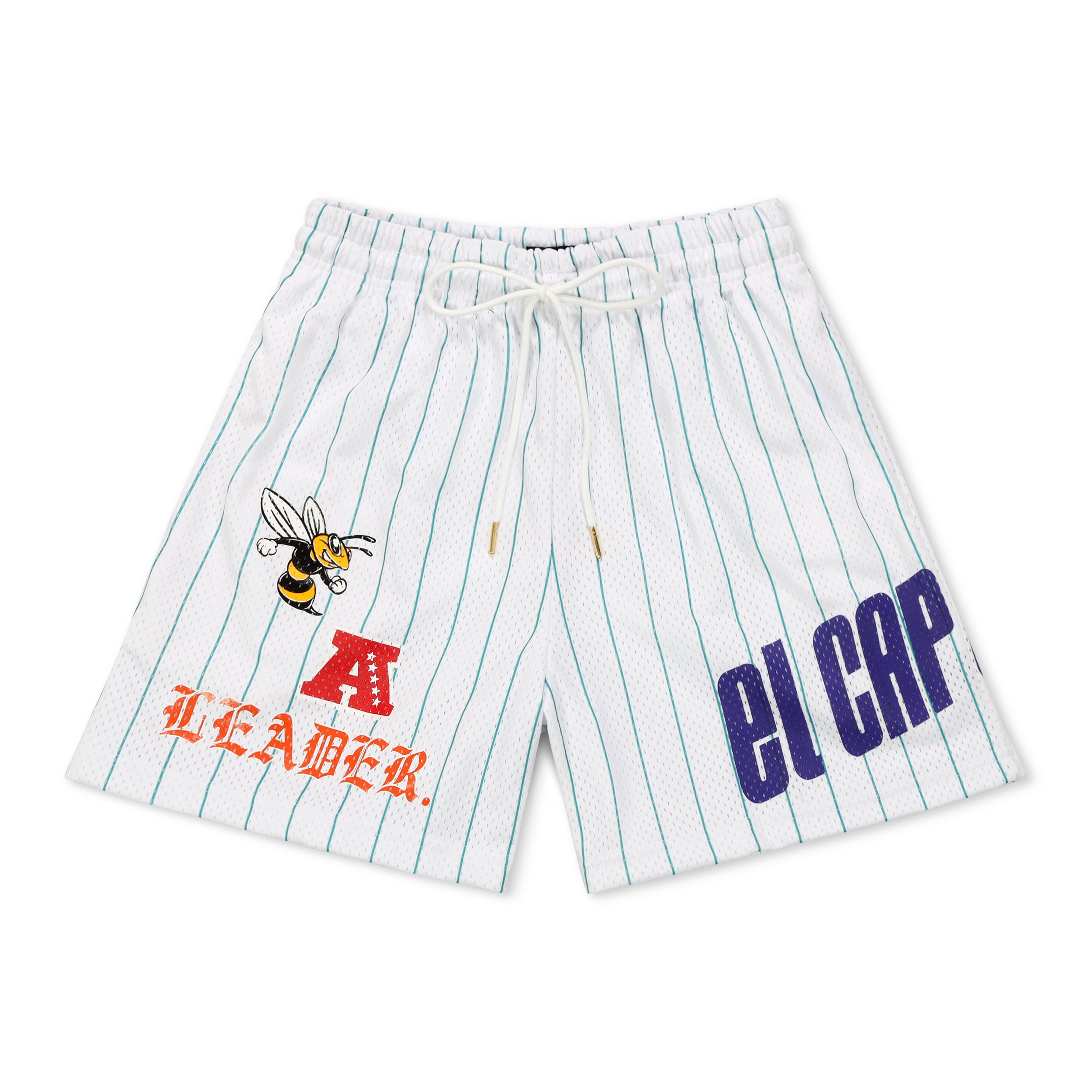 🐝 🅰️ 𝐋𝐄𝐀𝐃𝐄𝐑. [GRAPHIC SHORTS] - WHITE/TEAL PINSTRIPE – EL CAPITÁN